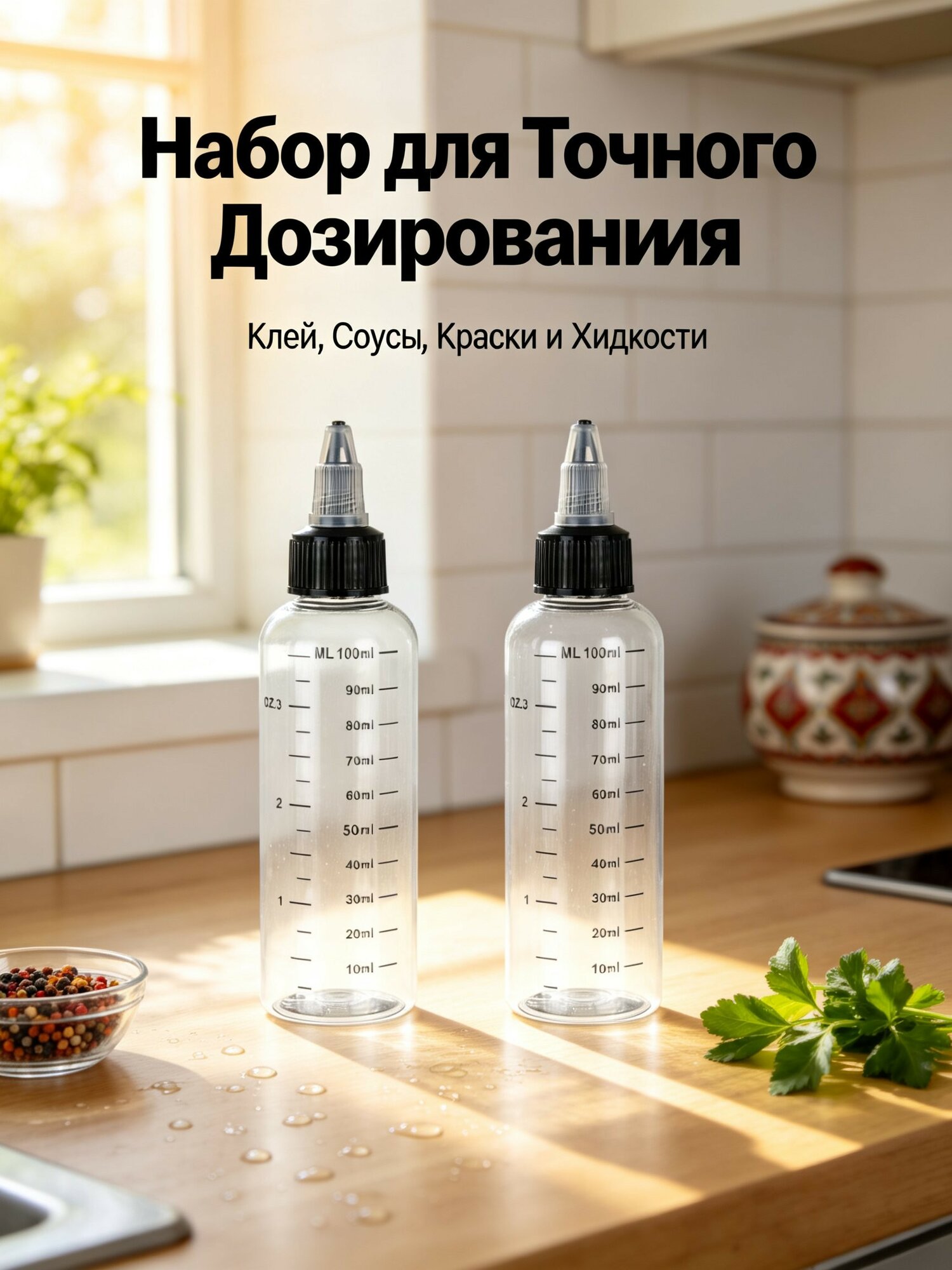 Набор из 2 бутылочек 100 мл с дозатором и шкалой, для точного отмеривания клея, соусов, красок и других жидкостей
