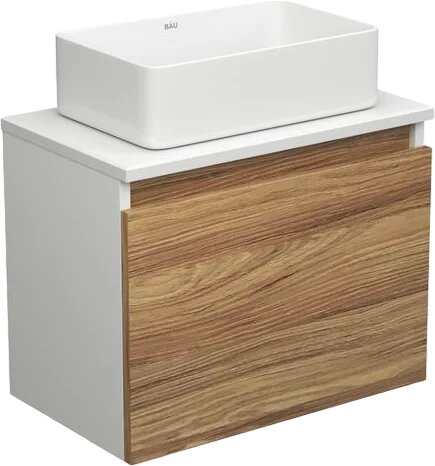 Тумба с раковиной Bauedge Dream Blackwood 50 подвесная, 50 см, со столешницей, белая, светлое дерево, матовая, из ЛДСП, с ящиками, раковина для ванной фарфоровая, прямоугольная