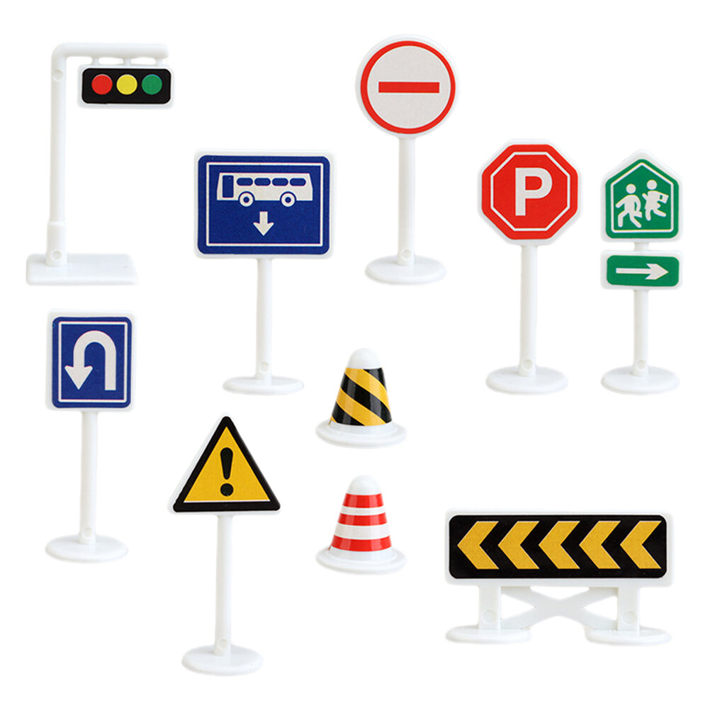 Набор из 10 предметов: декоративные элементы, дорожные знаки и знаки автомагистралей, демонстрирующие особенности поведения детей в дорожном движении.