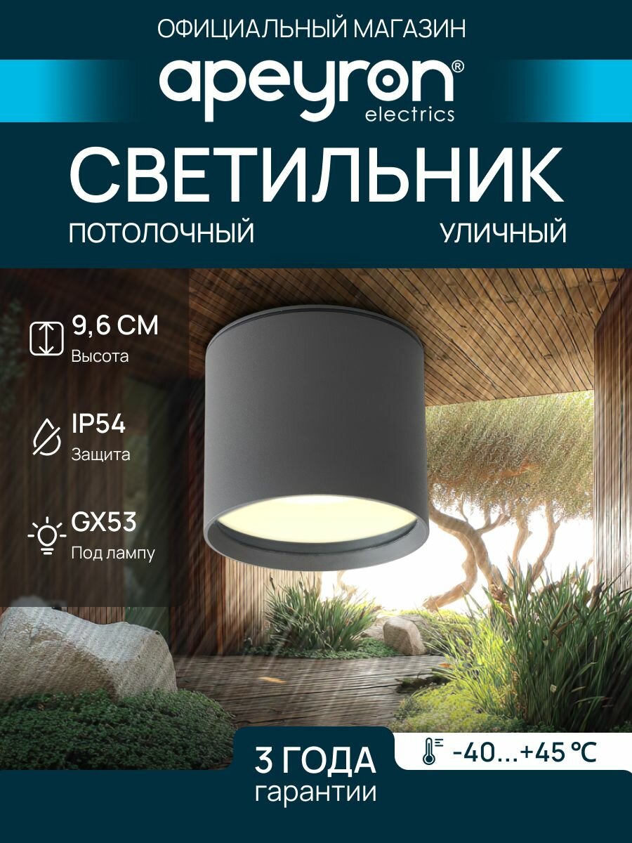 Светильник уличный потолочный Apeyron GX53, 15Вт, IP54, графит