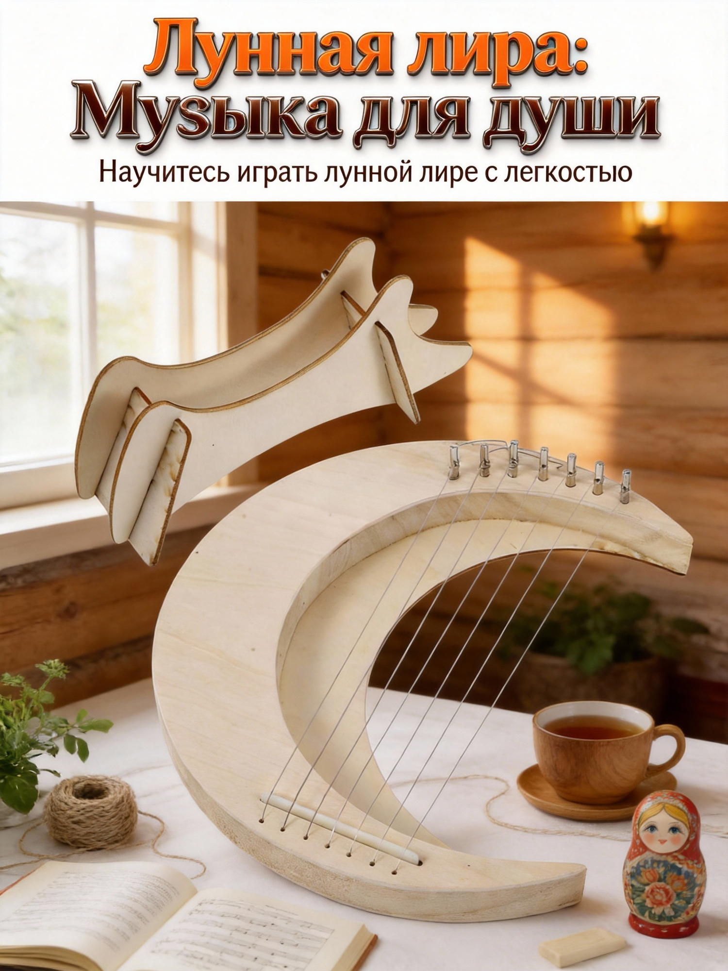 Лунная лира лап-арфа 7-тоновая деревянная, портативный музыкальный инструмент для начинающих и детей с базой бежевого цвета