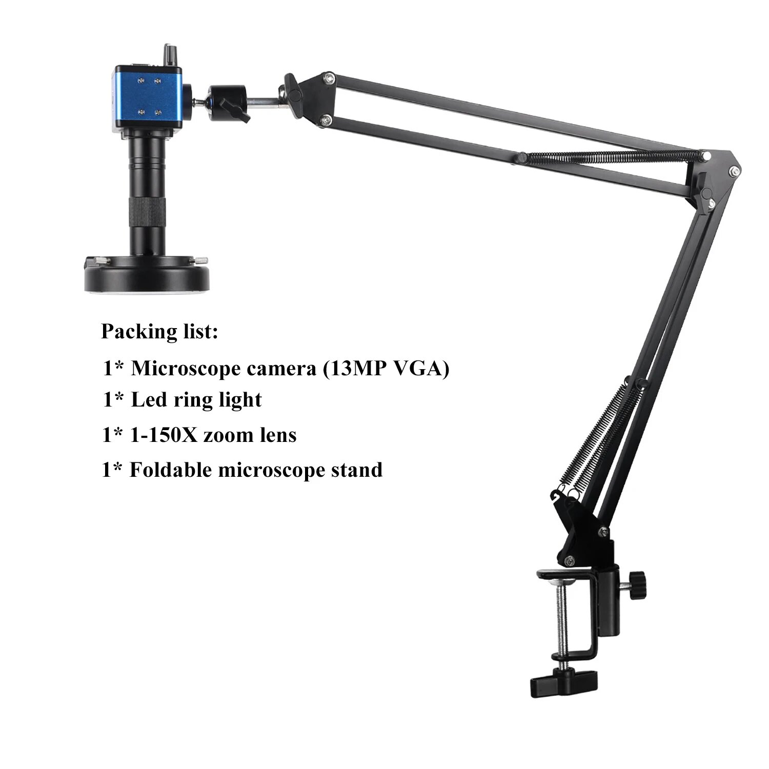 Микроскоп с камерой 13MP VGA, 1-150X, LED, складная подставка