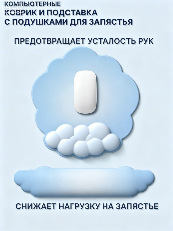 Коврик для мышки с подушкой и подставка под запястье для клавиатуры "Облако", светло-сине-белый градиент