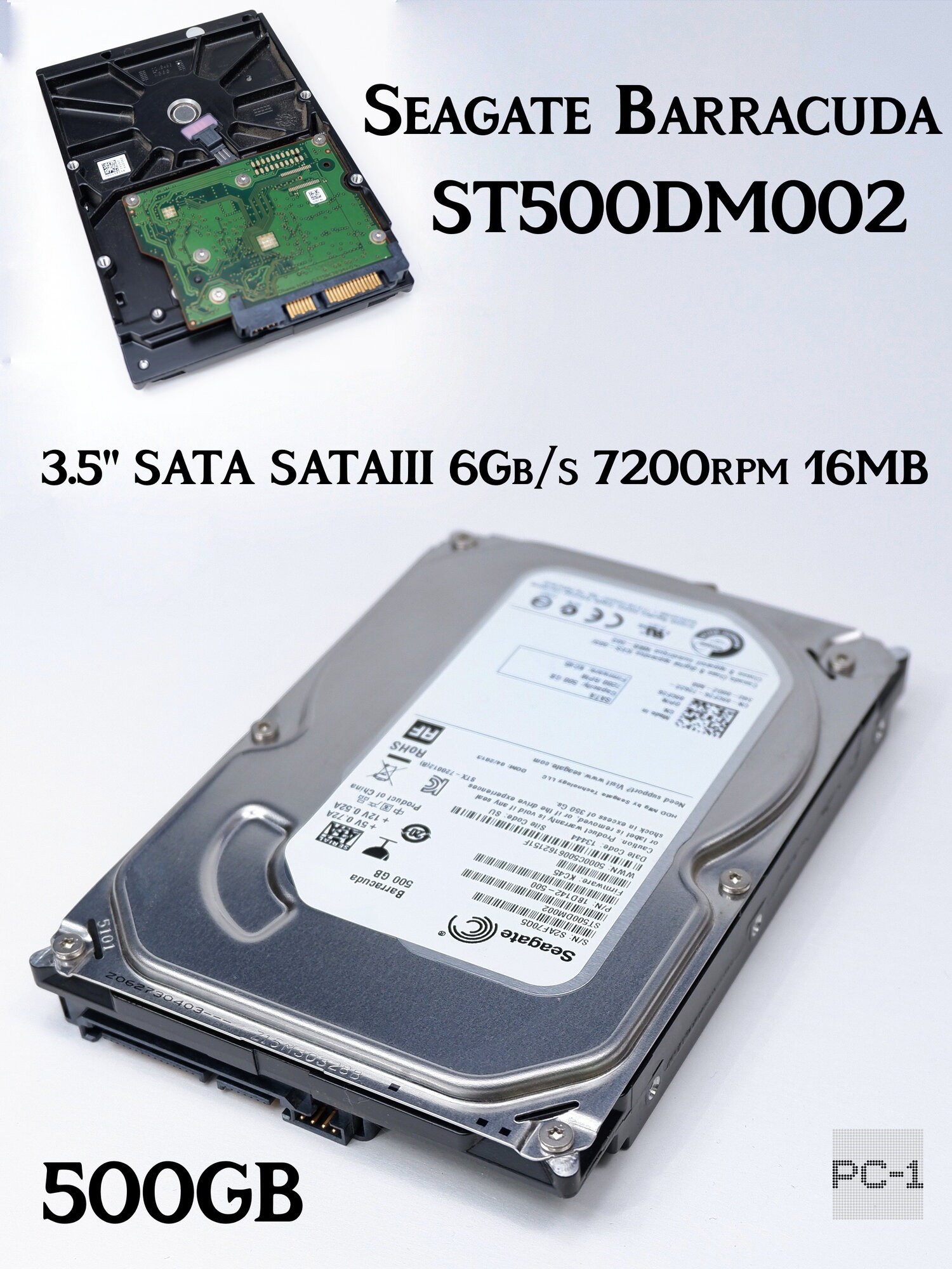 Жесткий диск 3.5" SATA 500GB Seagate Barracuda ST500DM002, для настольного компьютера, форм-фактор 3.5", объем 500 Гб, скорость вращения 7200rpm, объем буферной памяти 16 Мб, интерфейс SATA-III 6Gbit/s, внешняя скорость передачи данных 600 Мб/с