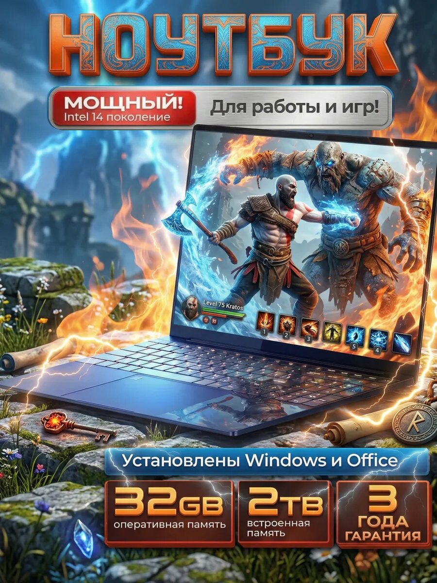 Ноутбук игровой 2026 Intel H-series, RAM 32GB, SSD 2048GB, IPS + Windows, Office