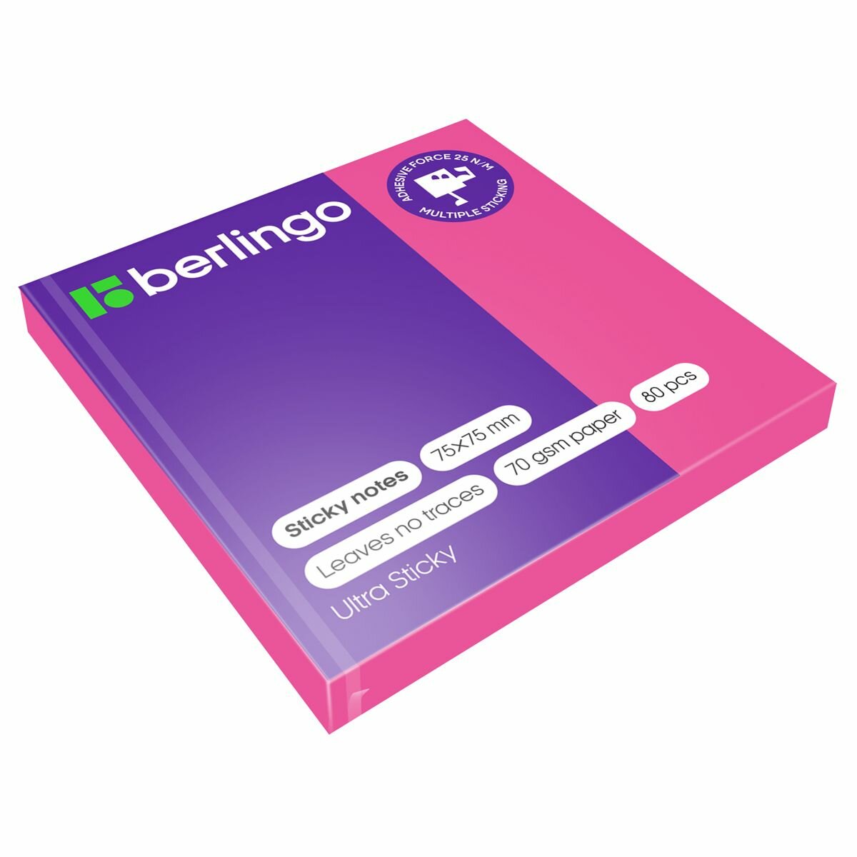Блок самоклеящийся BERLINGO 75*75мм. "Ultra Sticky" 80л. неон, розовый (LSn_39203)