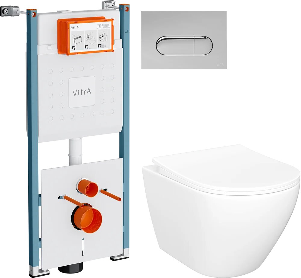 Комплект 6 в 1: Инсталляция VitrA V-Fix Core 732-5800-01PV / Унитаз подвесной Кронборг S28401WH безободковый / Сиденье с микролифтом, Кнопка Root Round хром, Комплект шумоизоляции, креплений