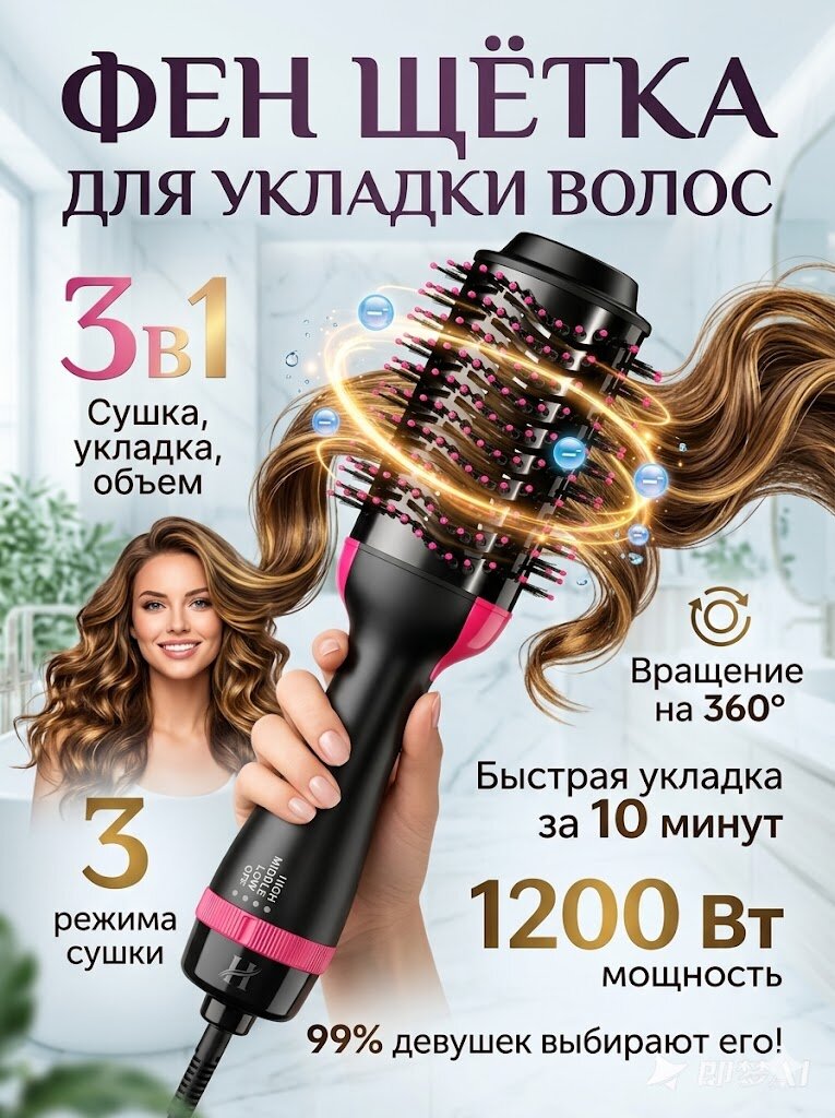 Фен-щетка для волос / Расческа с ионизацией One Step Фен-щётка (расчёска-фен) для волос Hair Dryer 3 в 1