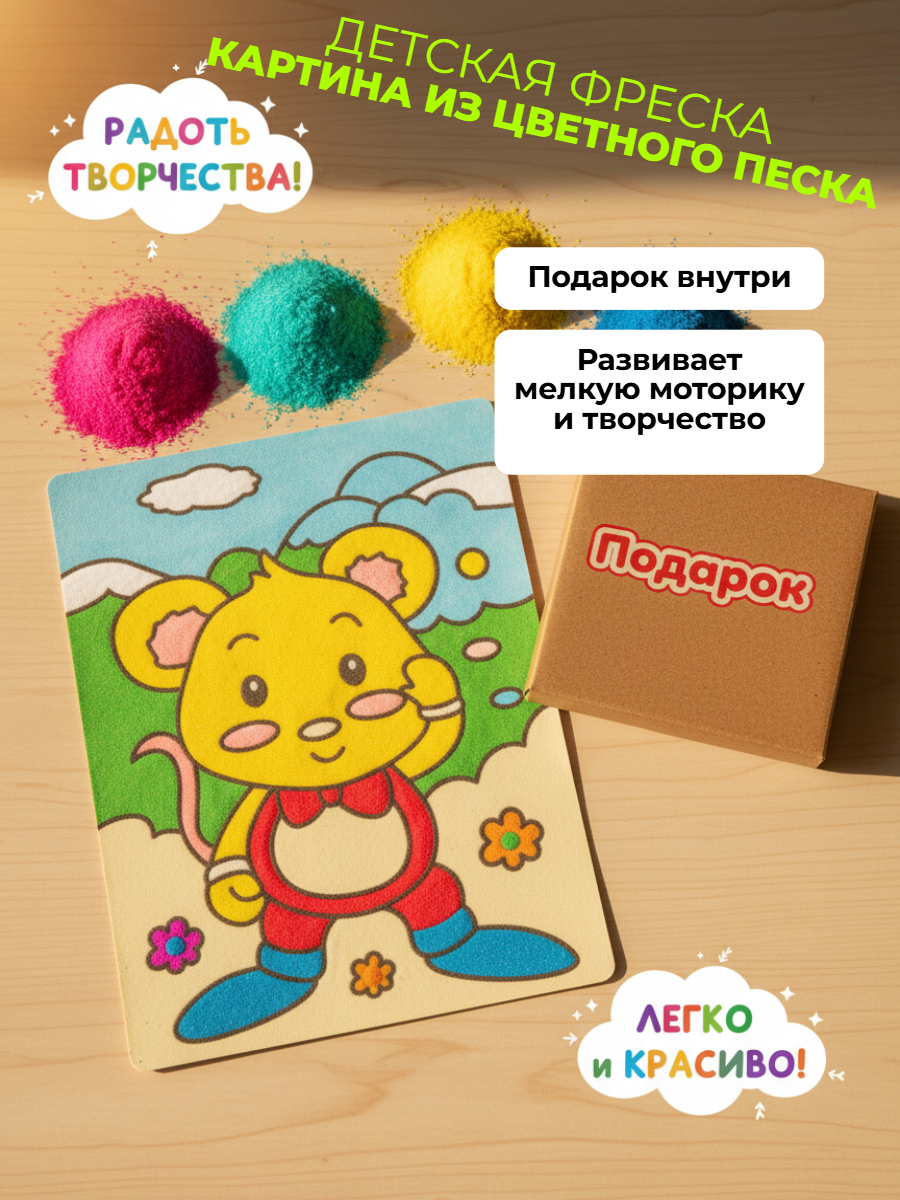 Детская фреска "Картинка из цветного песка", с трафаретом, для детей от 3 лет, + подарок