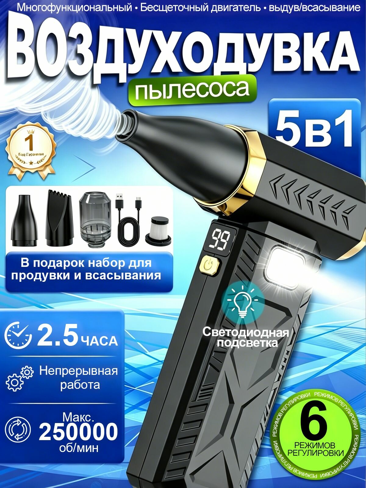 Аккумуляторная портативная турбо воздуходувка-ветродуйка-пылесос 5в1, для очистки компьютера, клавиатуры, ноутбука, авто и дома