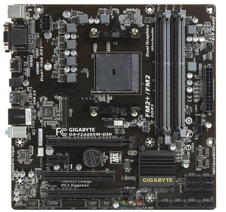 Материнская плата Socket FM2+ GIGABYTE GA-F2A88XM-D3H rev3.0 (RTL) 2xPCI-E Dsub+DVI+HDMI GbLAN SATA RAID MicroATX 4DDR3