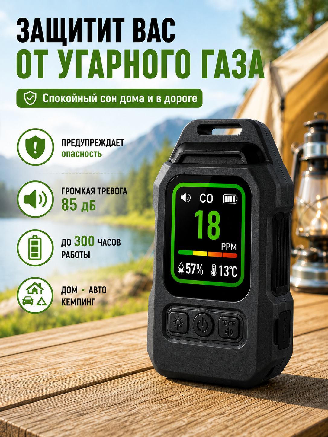 Портативный детектор угарного газа CO с дисплеем и сигнализацией