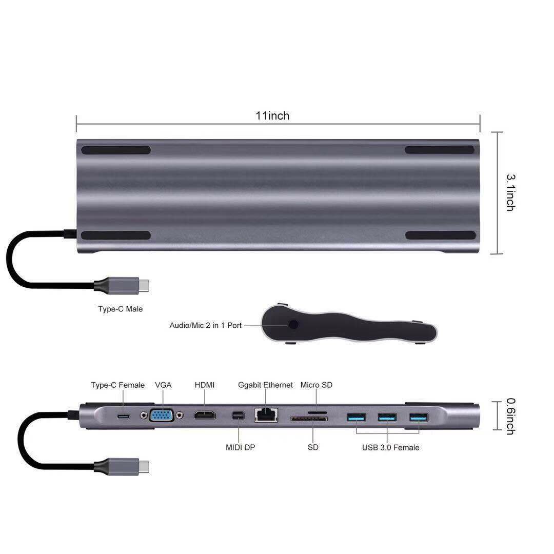 Тип-С концентратор с выходами HDMI и VGA, 11 в 1, адаптер для ноутбуков, планшетов и карт памяти