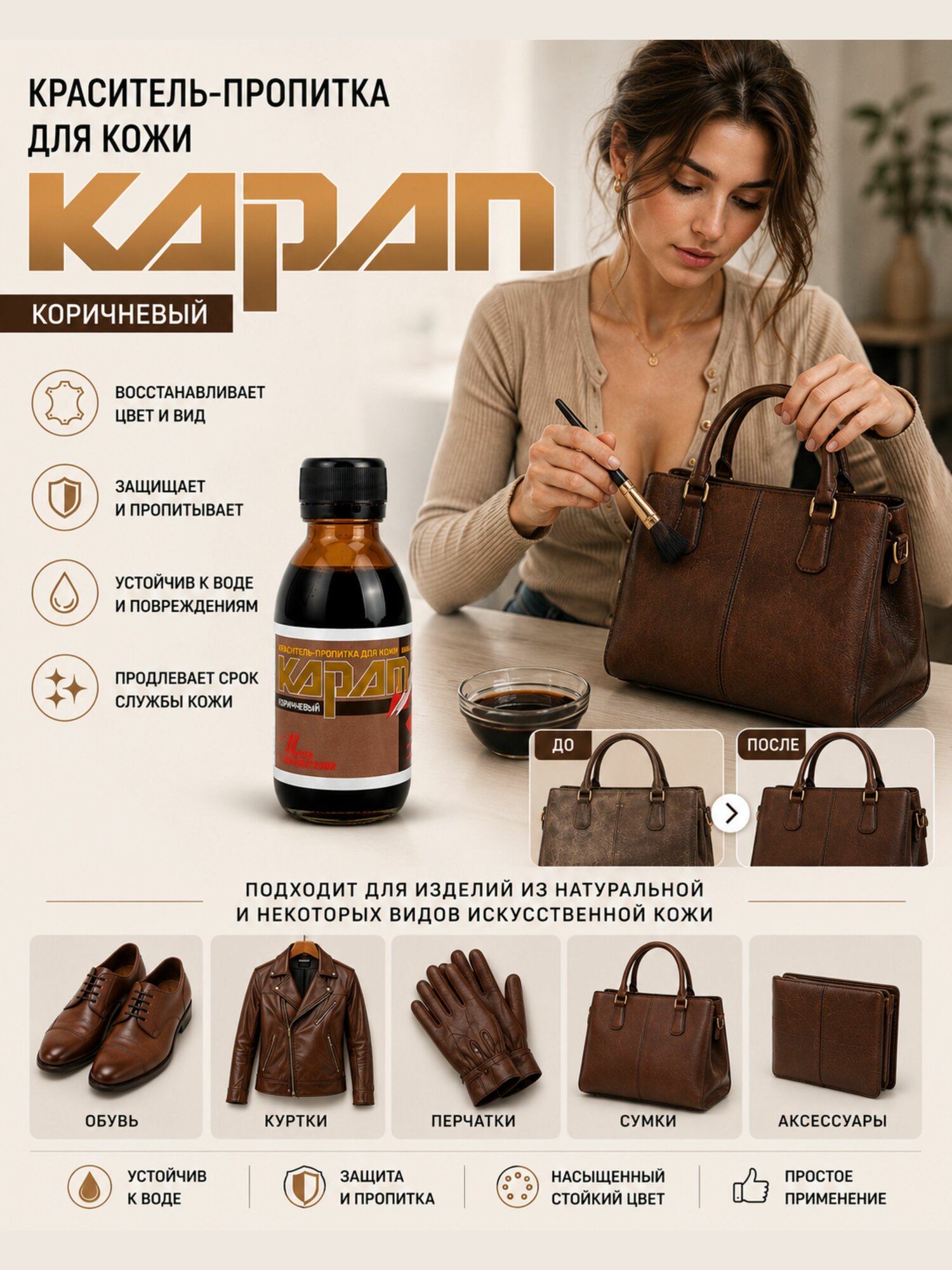Краситель пропитка для кожи восстановления и защиты для обуви, курток, сумок, перчаток, Коричневый