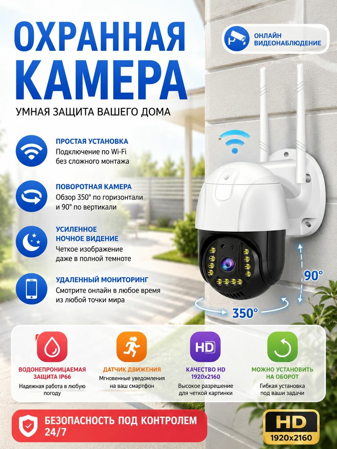 Уличная Wi-Fi камера видеонаблюдения, поворотная, 3 Мп, с датчиком движения.