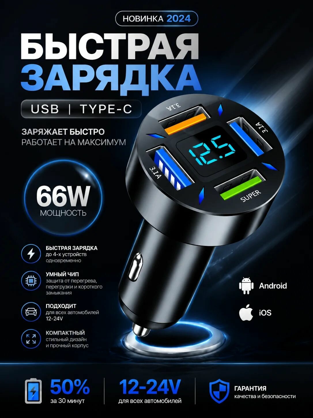 Зарядка в прикуриватель быстрая 4-USB 3.1A, Разветвитель прикуривателя автомобильный быстрая зарядка 4 порта автомобильный разветвитель