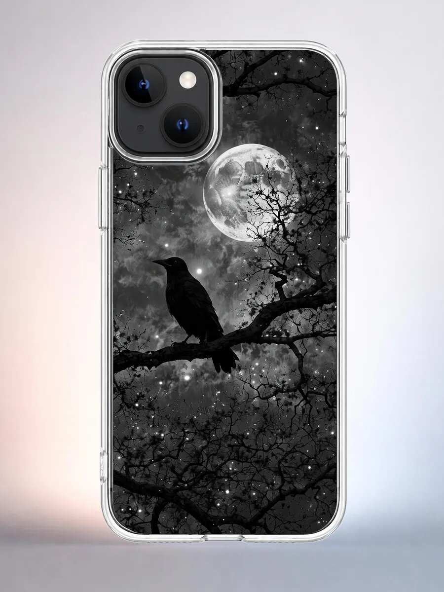 Чехол iPhone 14 ворон и луна силиконовый прозрачный