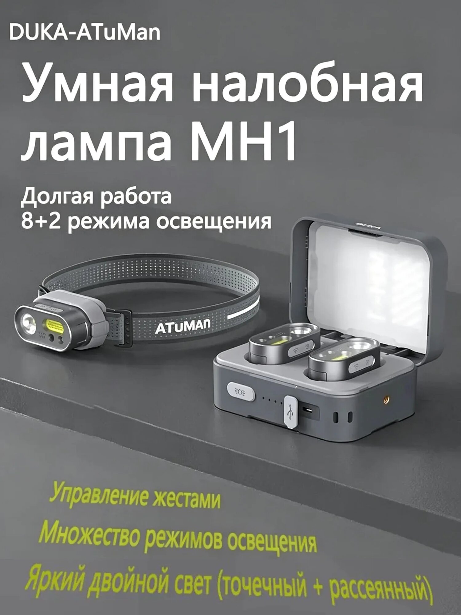 Налобная лампа ATuMan MH1, 8 режимов света, сенсор, аккумулятор