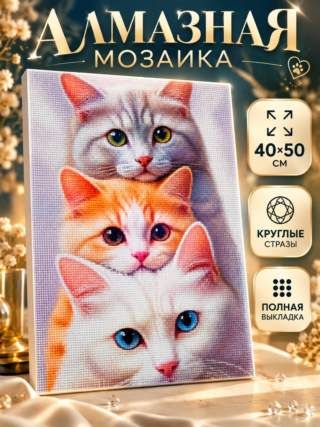 Алмазная вышивка полное заполнение "Котята", на раме, 40*50 см