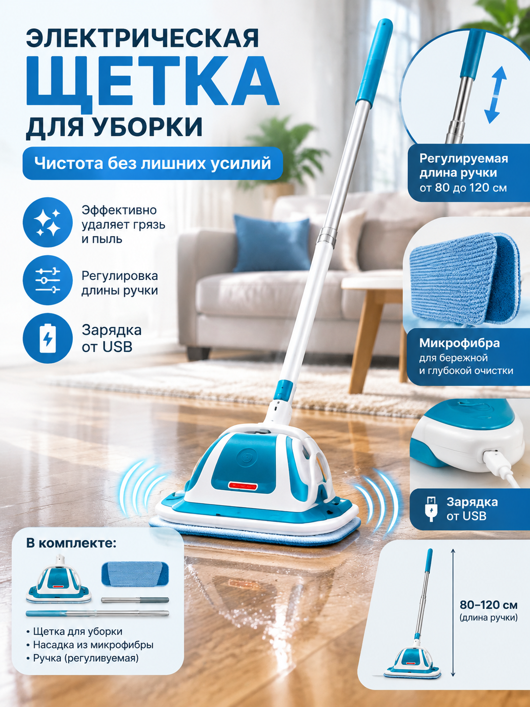 Электрическая щетка для уборки с регулировкой длины и зарядкой, синяя