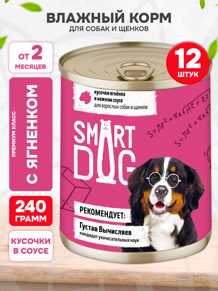 Корм влажный Smart Dog для собак и щенков, кусочки, ягненок в соусе, 240 г 12 шт