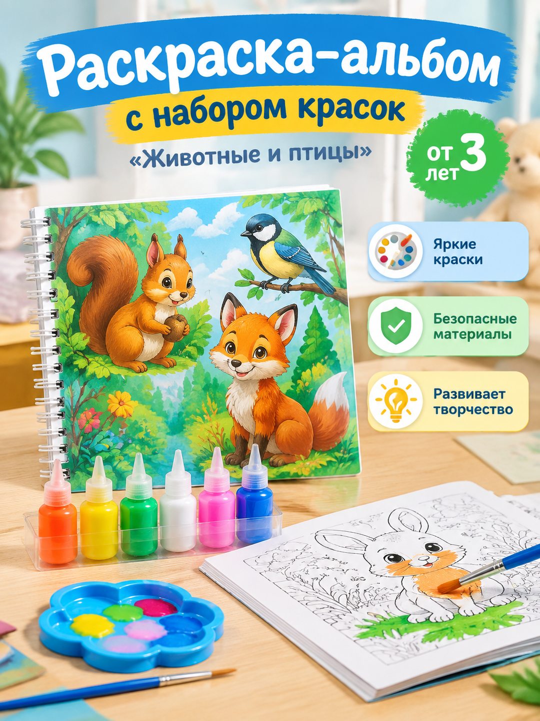 Раскраска-альбом с набором красок «Животные и птицы», 15×20 см, от 3 лет