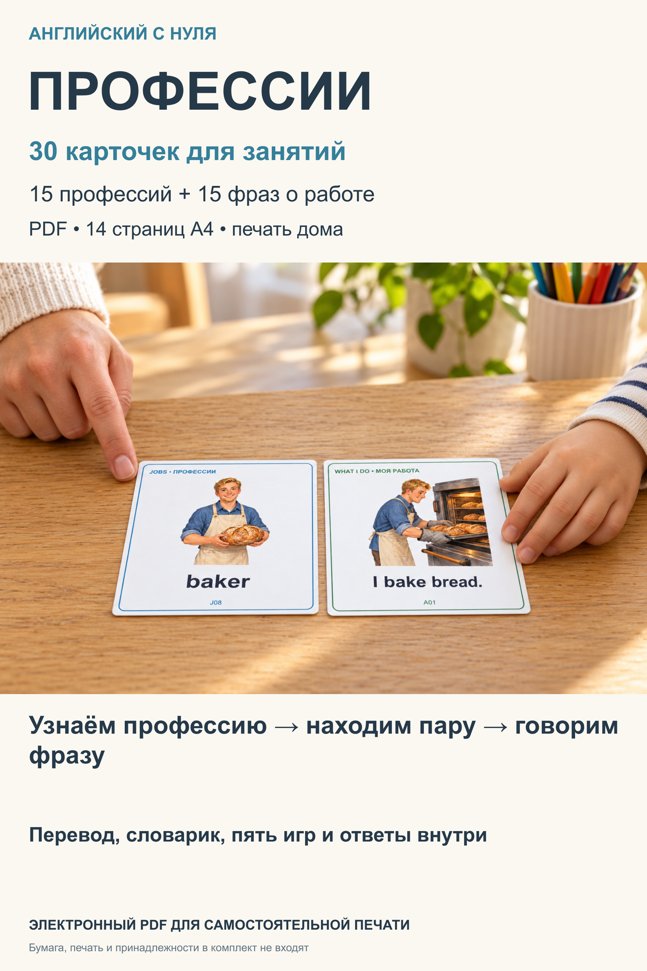 Английский с нуля: профессии, 30 карточек с картинками и фразами, PDF A4
