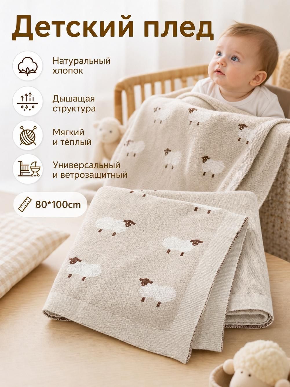Вязаный плед-конверт для малыша с милым дизайном овечки, ветрозащитное одеяло для прогулок и коляски