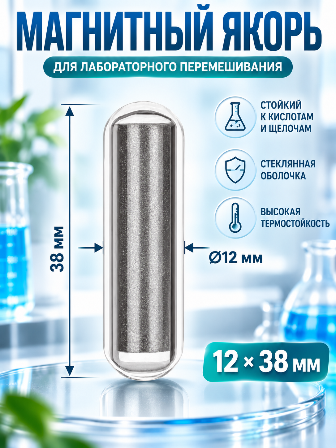Магнитный якорь для перемешивания растворов размером 14 на 40 мм, химически устойчивый лабораторный аксессуар
