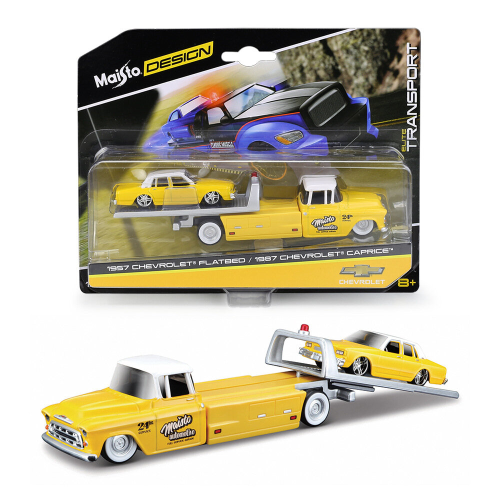 Коллекционный набор Maisto Elite Transport 1:64 — Эвакуатор Chevrolet Flatbed (1957) и автомобиль Chevrolet Caprice (1987), Yellow / White (Желтый с белым)