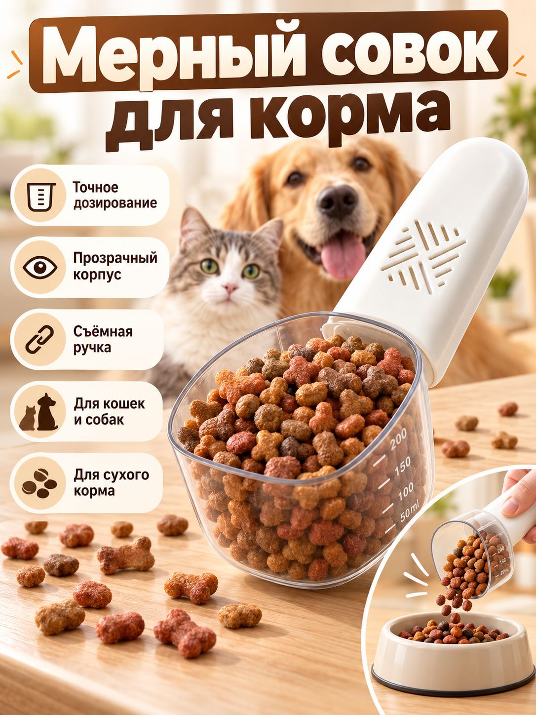 Мерный совок для корма 200 мл для кошек и собак, мерная ложка для сухого корма с шкалой, прозрачный совок со съёмной ручкой, белый