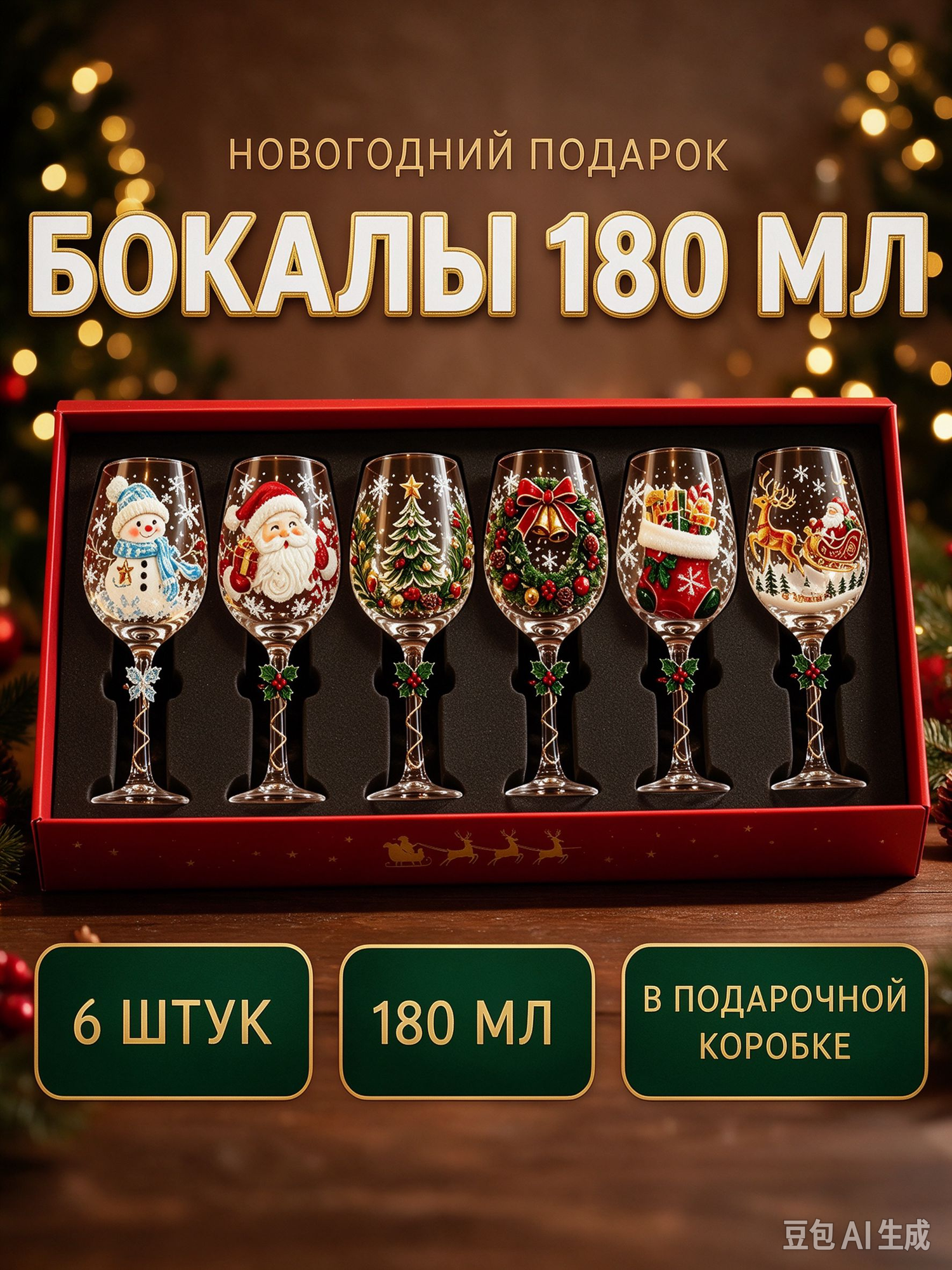 Бокалы для глинтвейна и красного вина 180 мл набор из 6 шт стеклянные новогодние со снежинками подарок