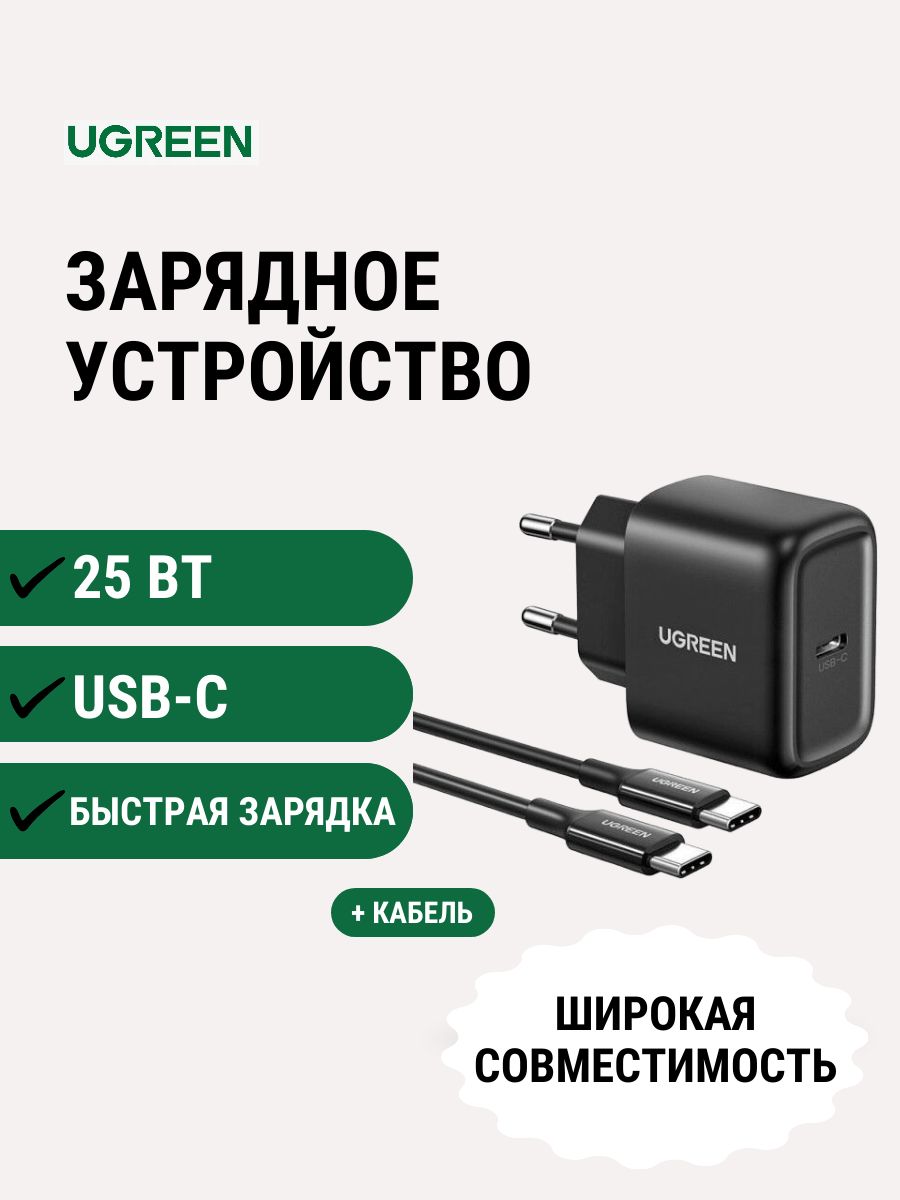 Сетевое зарядное устройство Ugreen CD250 1 х USB C 25W Кабель Type-C to Type-C 2m Black(50581)