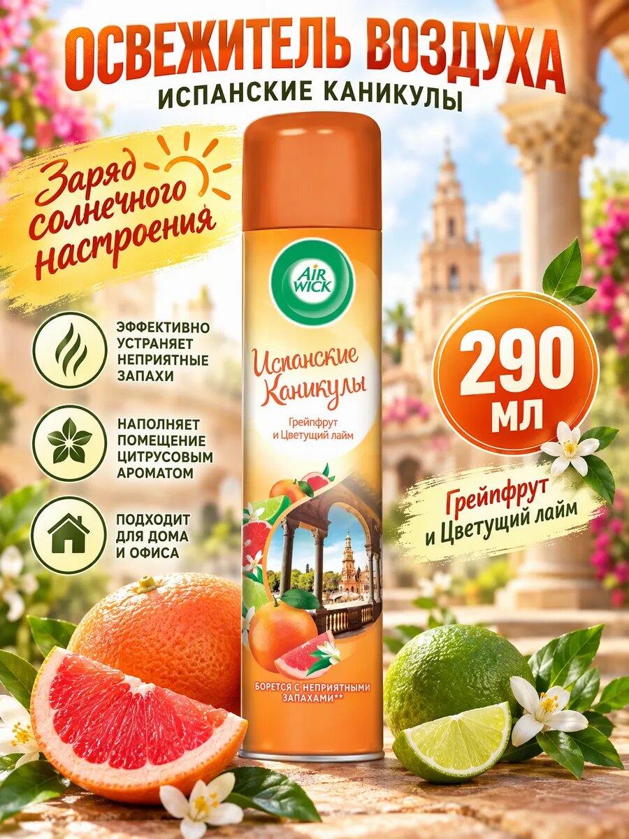 Освежитель воздуха Airwick Каникулы в Испании Грейпфрут и цветущий лайм, 290 мл