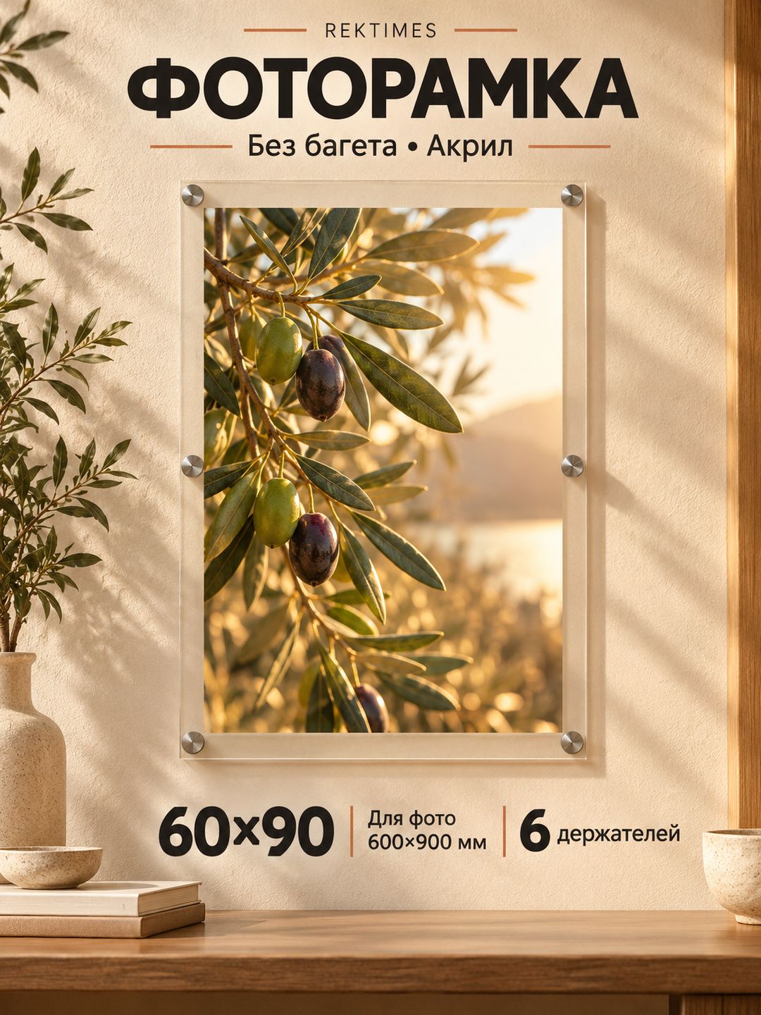 Фоторамка Rektimes акриловая безбагетная настенная 60 90 см, серебристые держатели