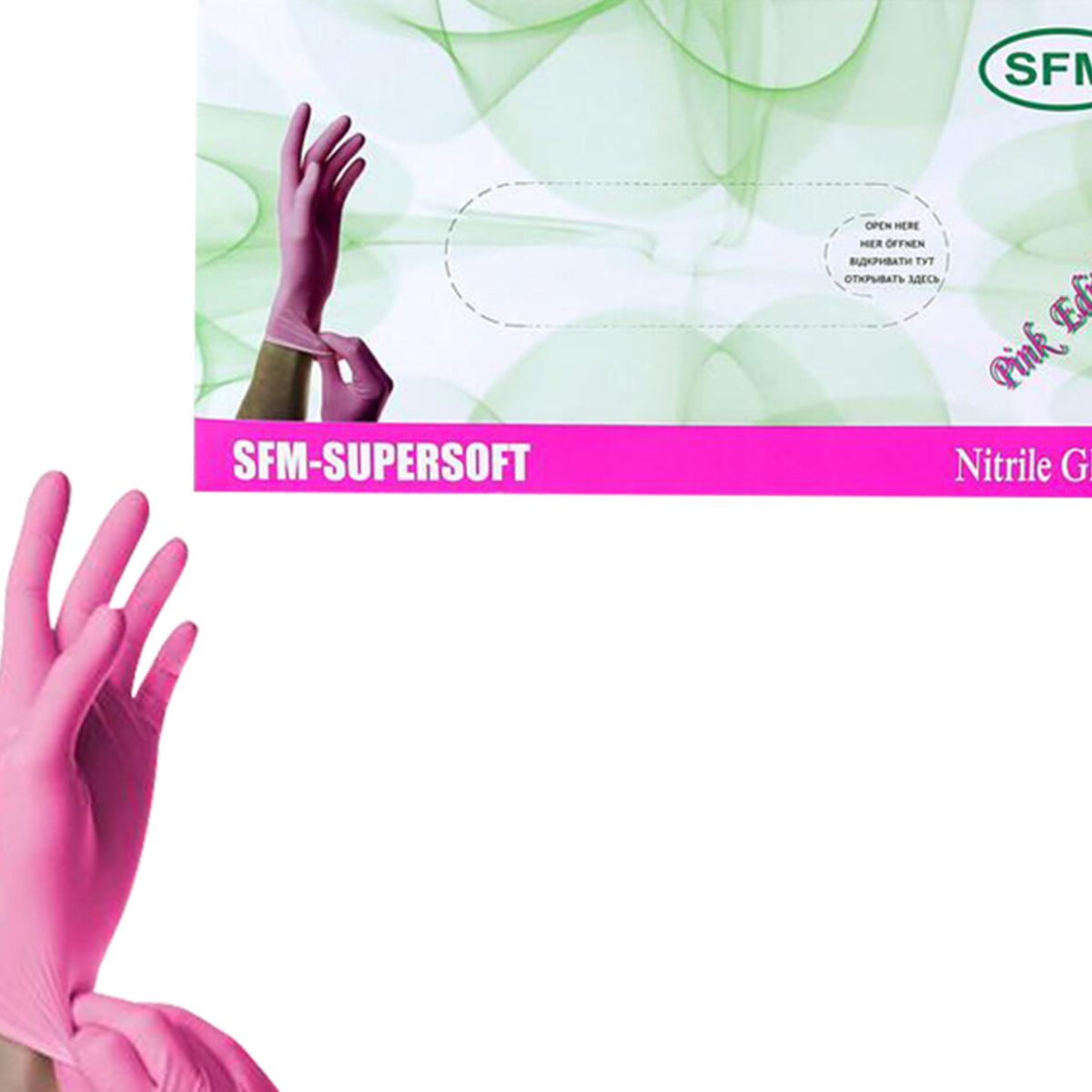 Перчатки одноразовые нитриловые смотровые SFM Supersoft PINK, 100 пар, размер M, розовые, 10 уп.