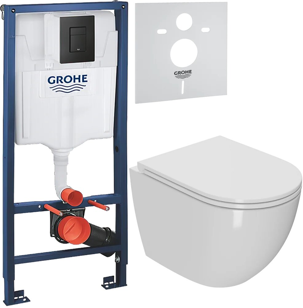Комплект 3 в 1 Унитаз подвесной Bauedge Bau Dream / Инсталляция с кнопкой Grohe Solido 38811KF0 цвет черный / Звукоизоляция 37131000