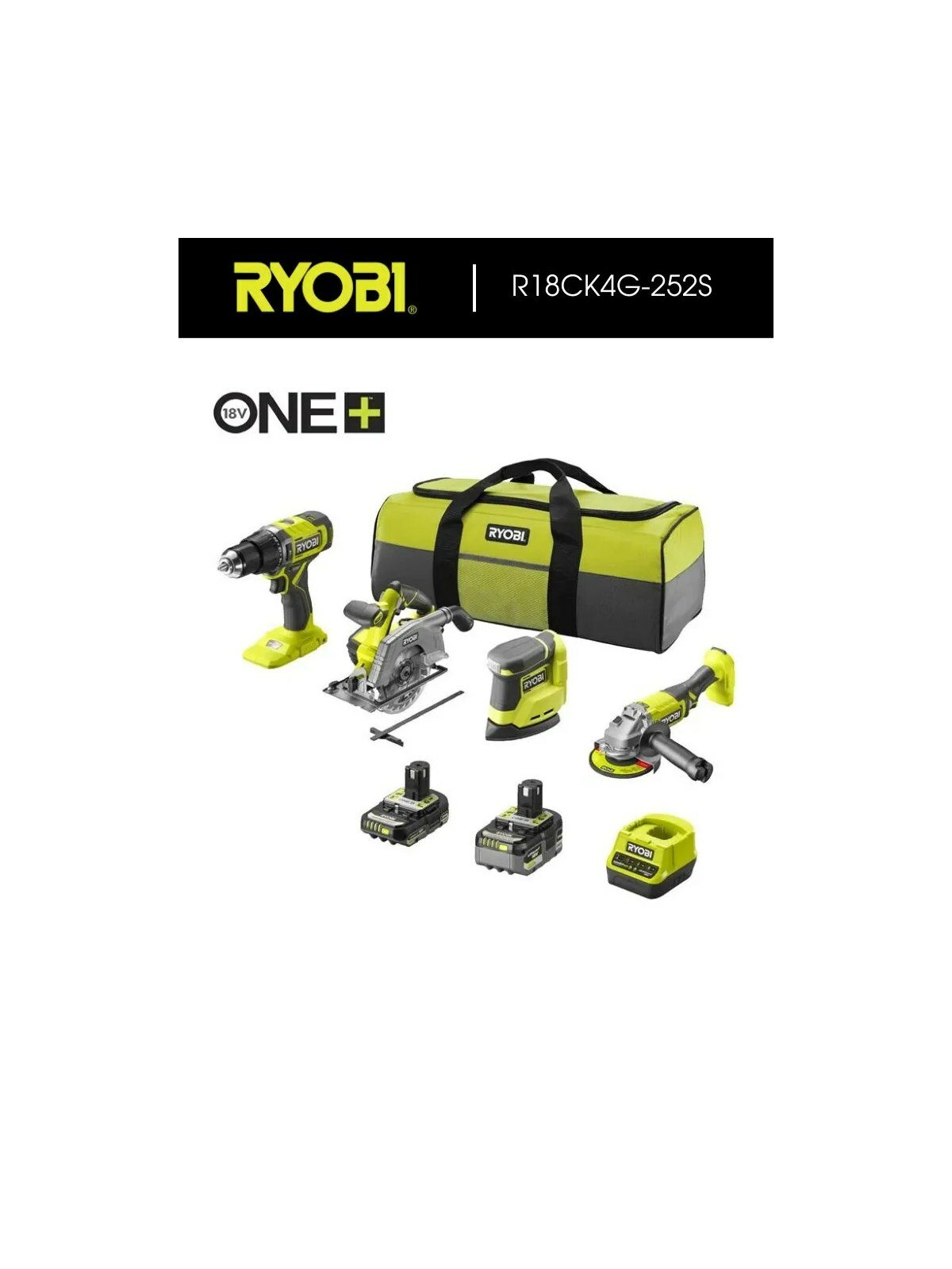 Набор из 4-х аккумуляторных инструментов Ryobi ONE+ R18CK4G-252S, 1 акк х 5,0Ач + 1 акк х 2,0Ач, арт. 5133006717