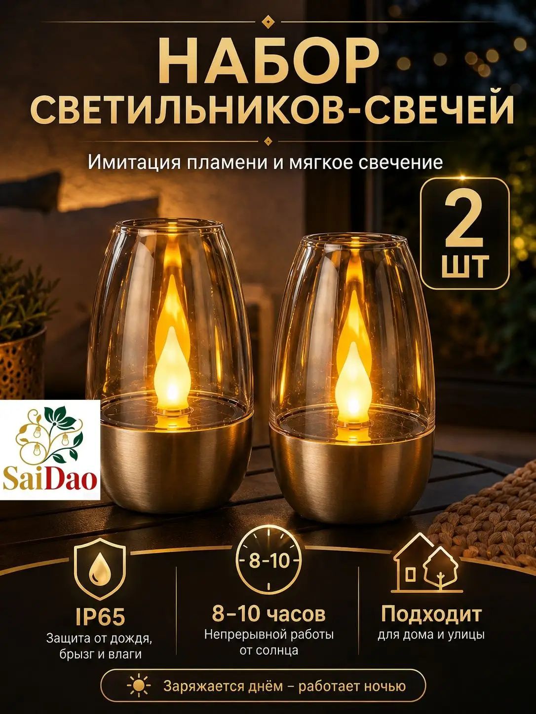 Автономный светодиодный светильник-свеча на солнечной батарее с имитацией живого пламени2 шт, для дома и улицы