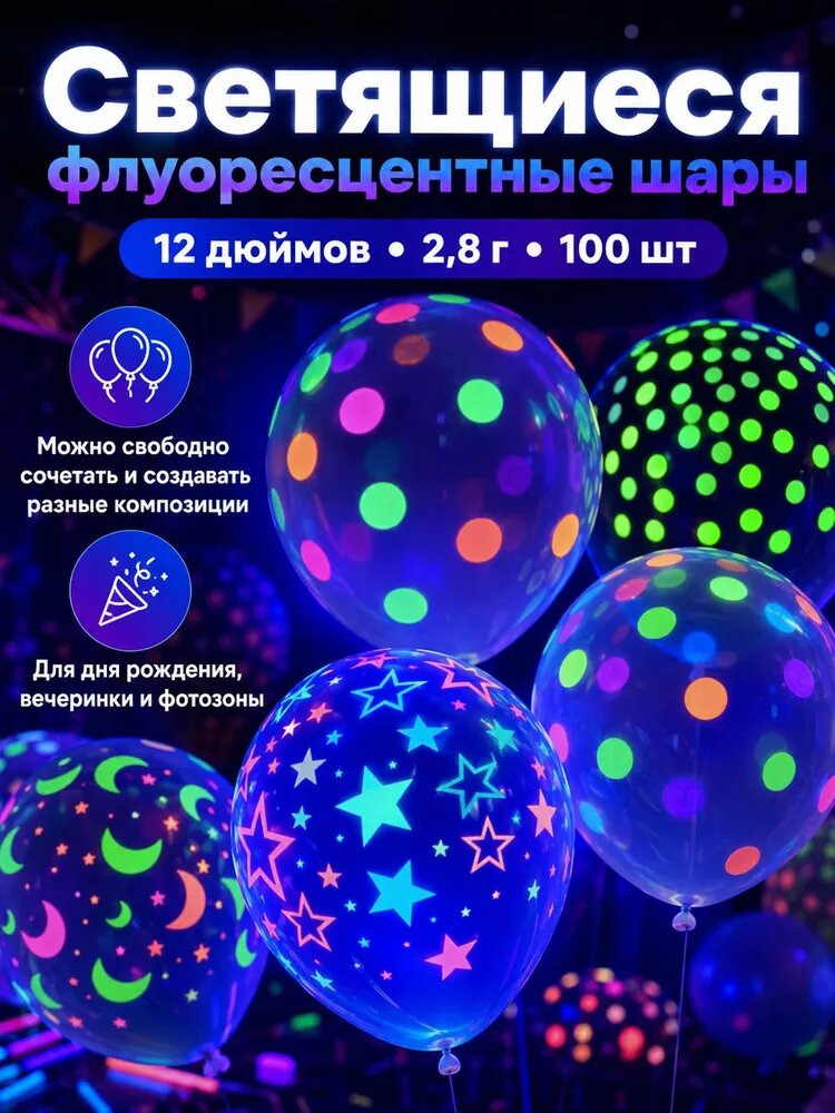 Люминесцентные воздушные шары, светящиеся в темноте, прозрачные цветные шары для вечеринки, фотозоны и декора 100 шт