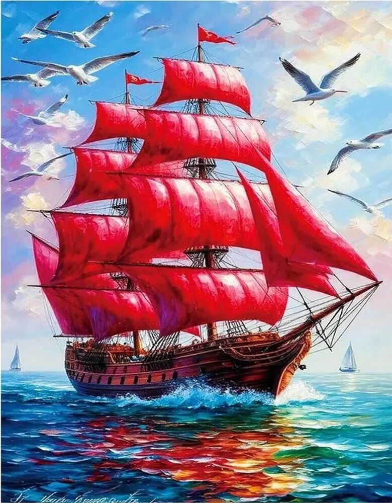 Алмазная мозаика без рамы 110х55см. Корабль с алыми парусами. Морской пейзаж.