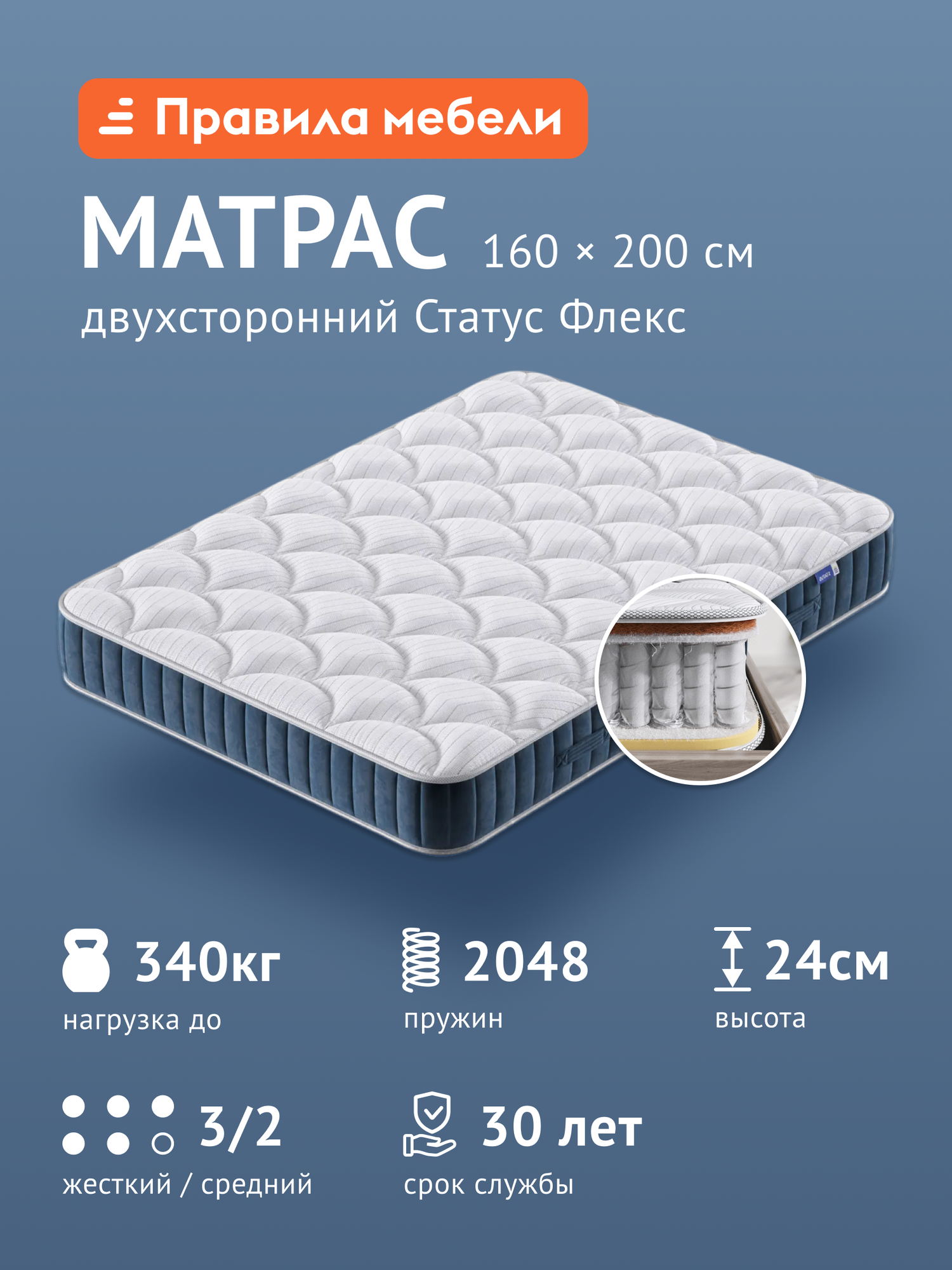 Анатомический, пружинный матрас Статус Флекс 160х200 см, независимые пружины, белый