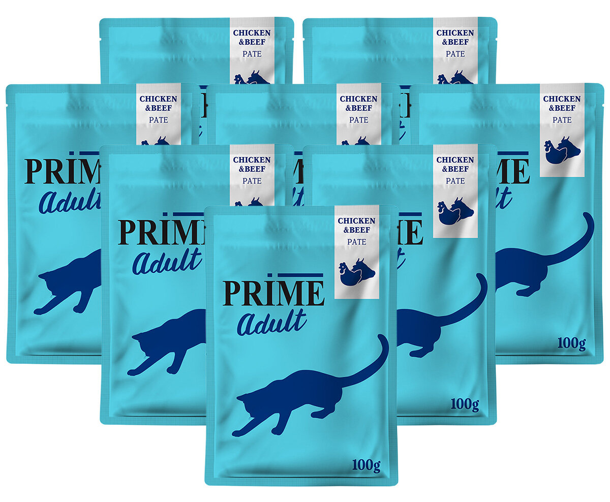 Корм влажный Prime Meat Adult Cat для кошек, паштет из курицы и говядины, 100 г х 8 шт