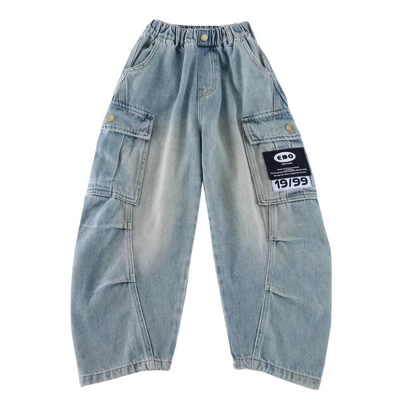 Круто Свободные карго-джинсы для детей с большими карманами винтажные тяжелые брюки 5-14 лет, KLQ Размер_170