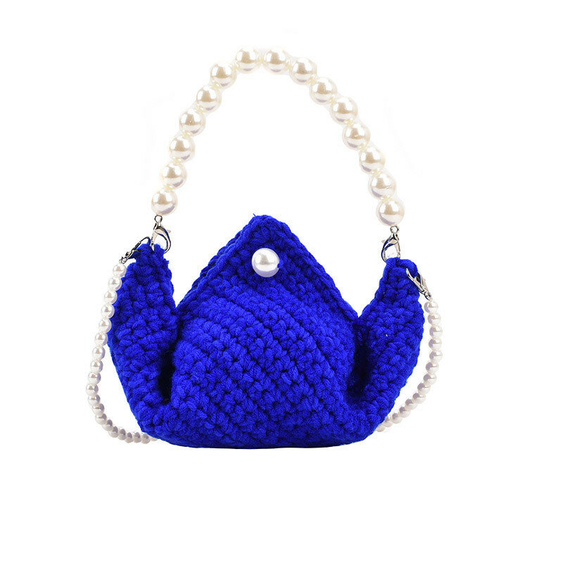 Миниатюрный вязаный рюкзак для детей с элегантным дизайном и жемчужной цепочкой, синий