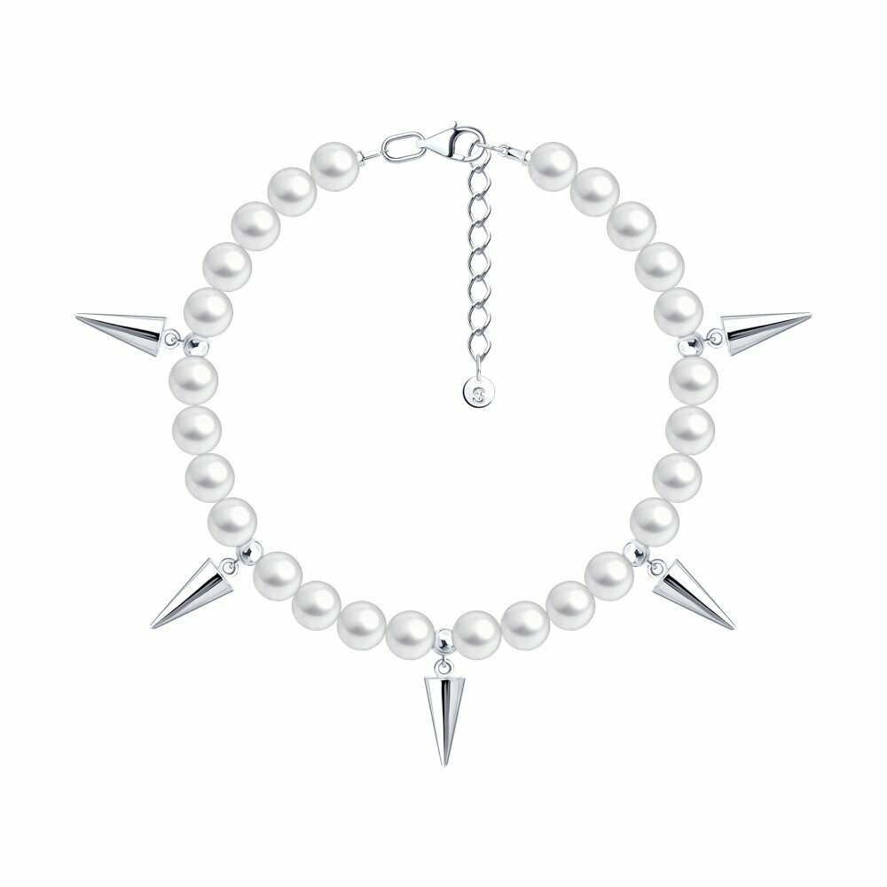 Браслет, серебро, 925 проба, родирование, жемчуг имитация