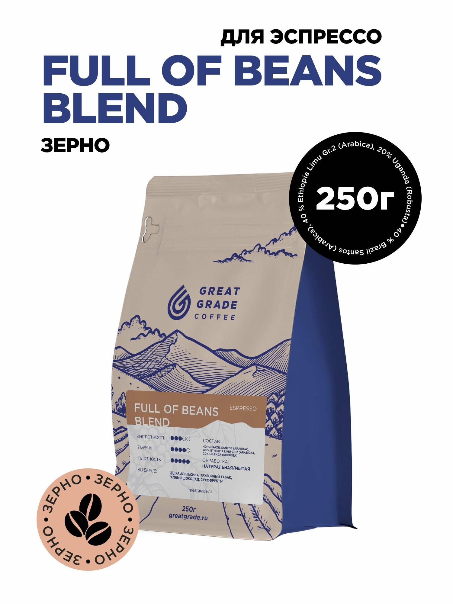 Кофе для эспрессо Full Of Beans Blend Great Grade Coffee, в зернах, 250 гр