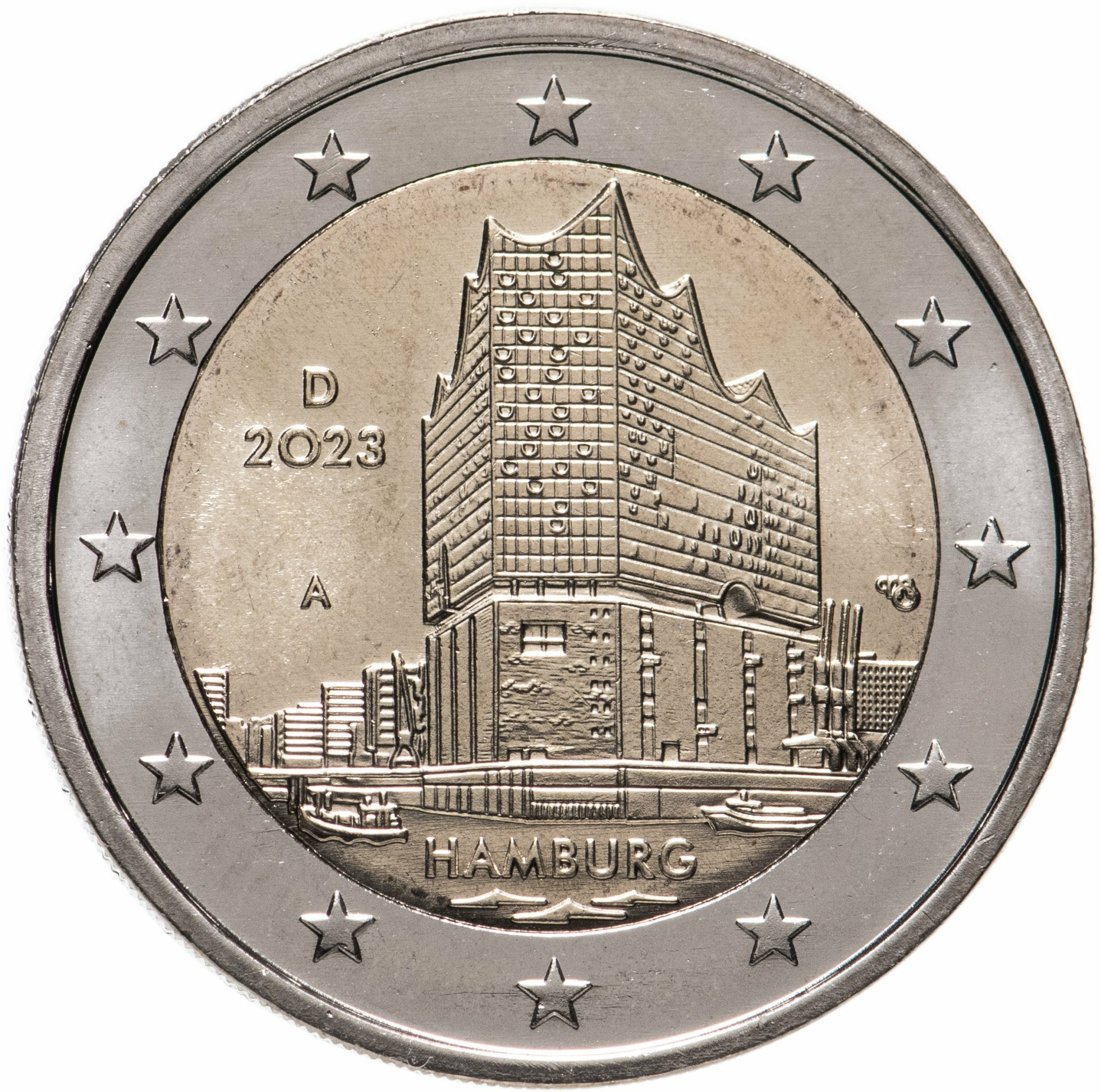 Германия 2 евро 2023 "Гамбург Эльбская филармония " Двор A, Биметалл, в сохранности UNC