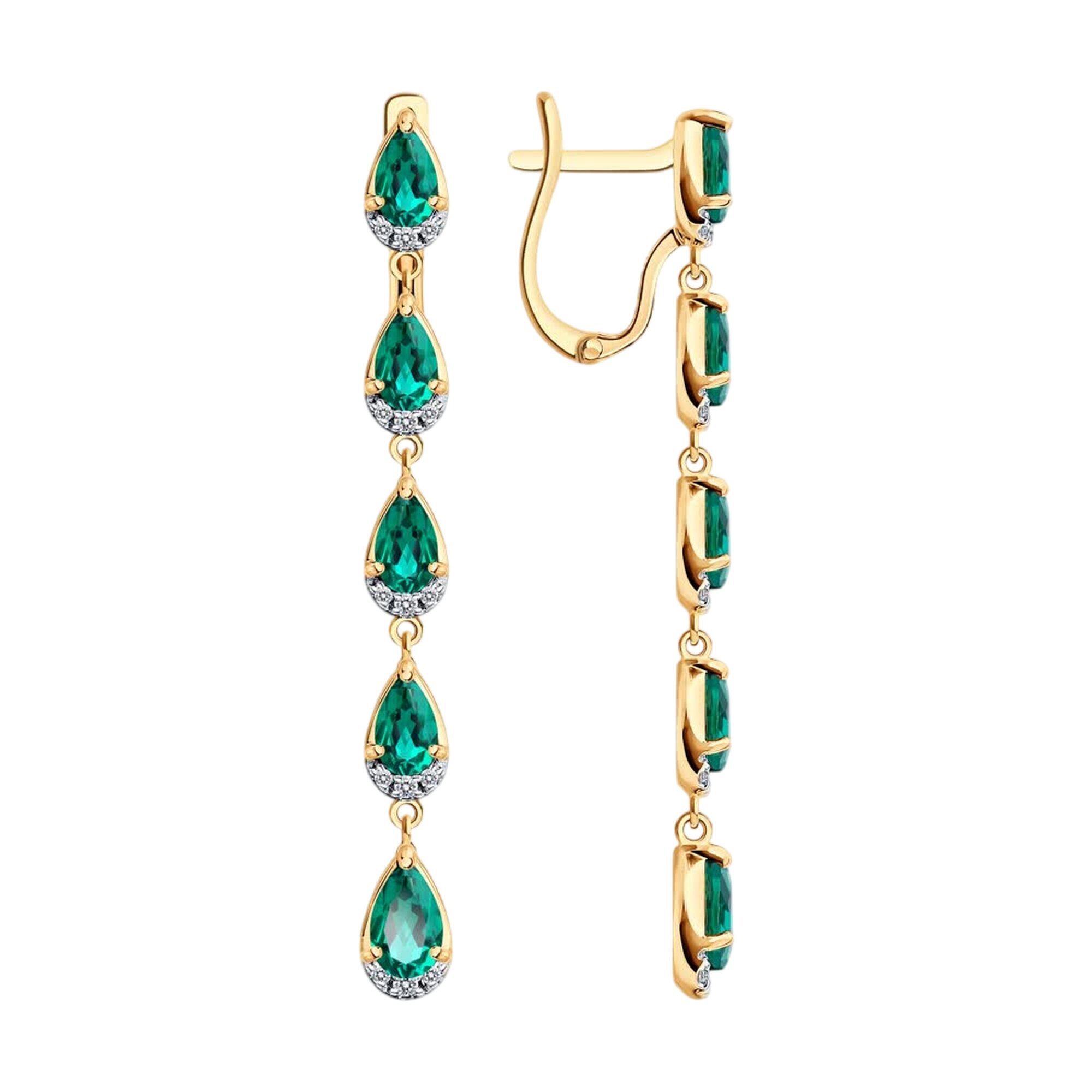 Серьги, красное золото, 585 проба, изумруд синтетический, фианит