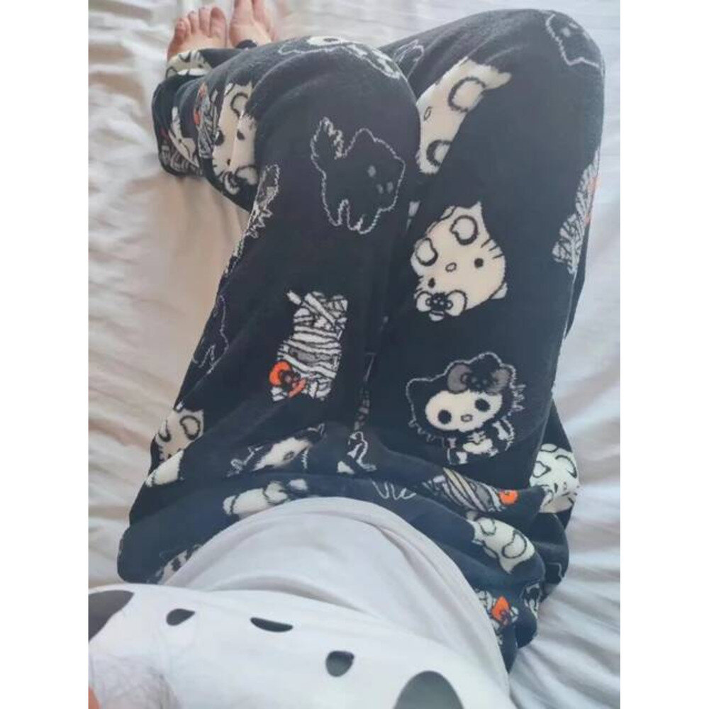 Пижамные штаны Sanrio Hello Kitty, черные с розовым рисунком, фланелевые, женские, теплые шерстяные, белые, с мультяшным рисунком, повседневные, домашние, осенние, для девочек.